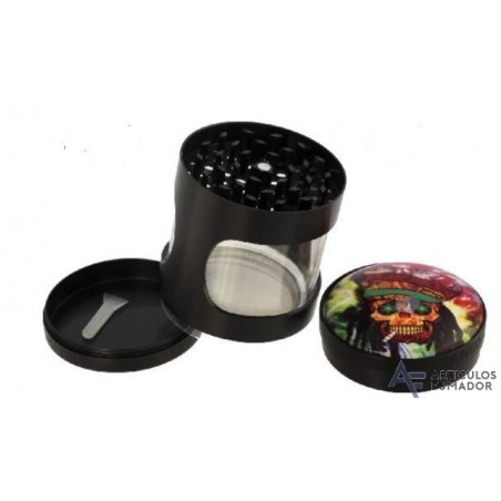GRINDER METAL BLACK RASTA SKULL 3 PARTES CON VENTANA